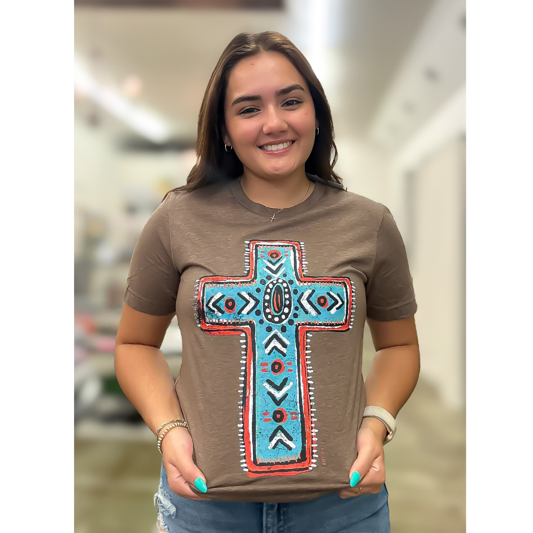 Western Turquoise Cross Graphic Tee | Honey Belles Boutique and Gifts